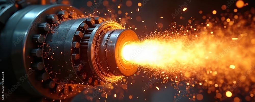 Close-up view of rocket engine test with bright flames, intricate ...