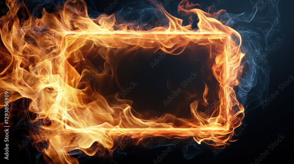 Flames engulfing a rectangular frame creating a dramatic fiery border ...