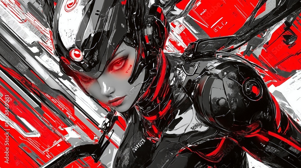 Una figura futurista de aspecto cibernético con detalles en rojo y ...