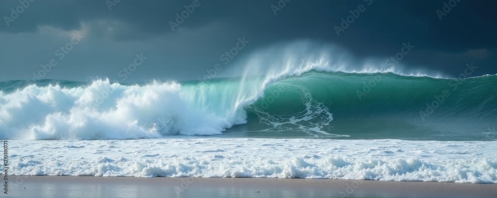 Turbulent waves crash on shore, whitecaps dominate, stormy grey sea ...