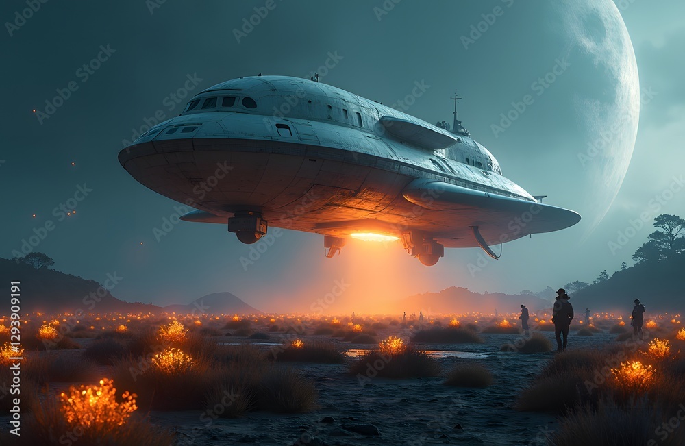 Space shuttle landing on an alien planet the ground lit up with glowing ...