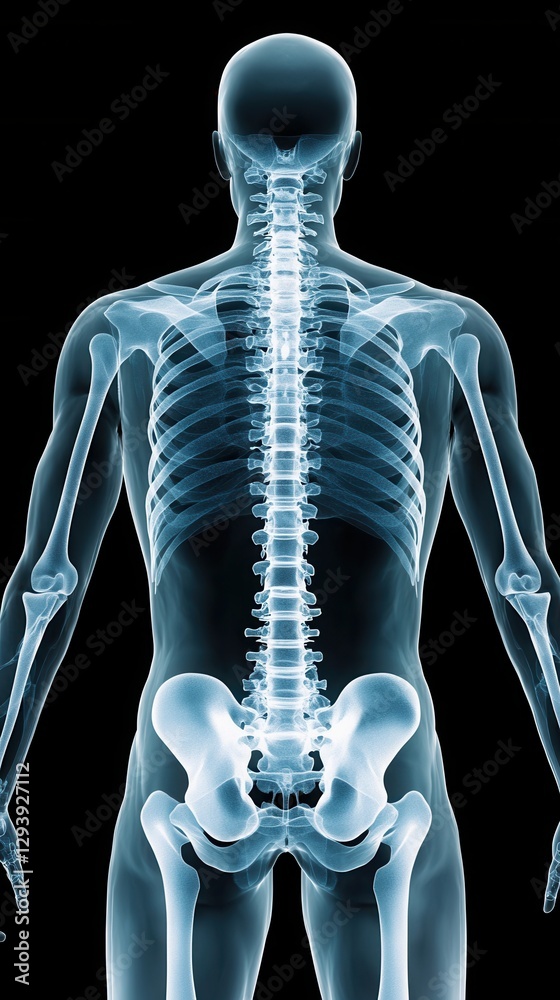 X-ray view of human skeletal structure shows back, spine, ribs, arms ...