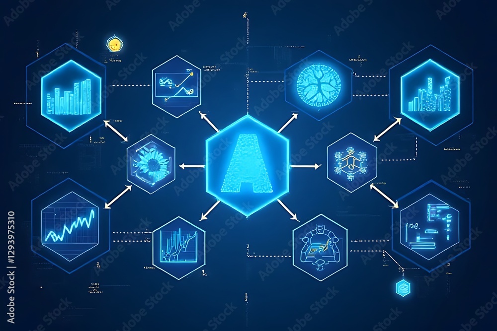 glowing blue AI network interconnected with various data points and hexagonal diagrams ...