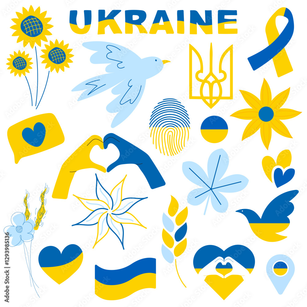 Ukraine Symbols - vector Ukrainian elements isolated on white. Blue and ...