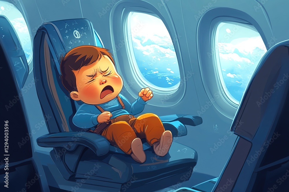 cartoon illustration of a capricious little child crying on an airplane ...