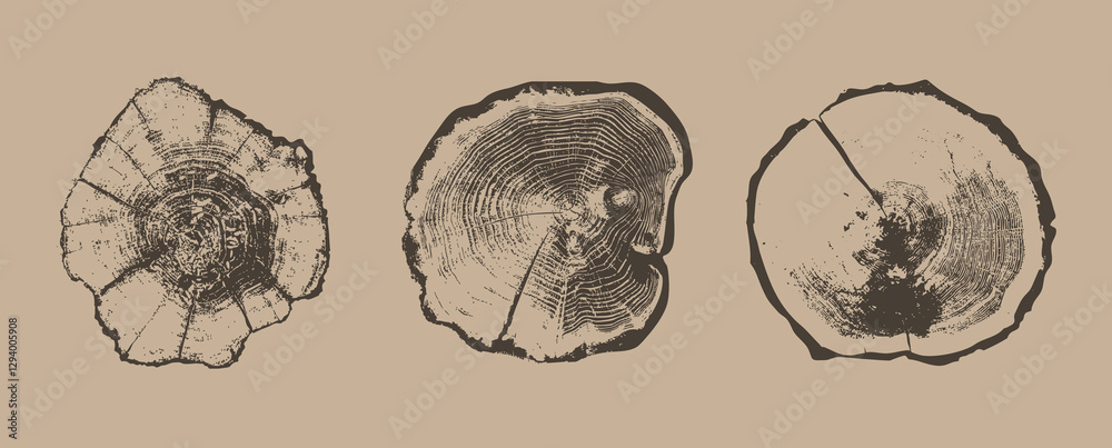 Cross sections of tree rings. Collection of tree stumps isolated ...