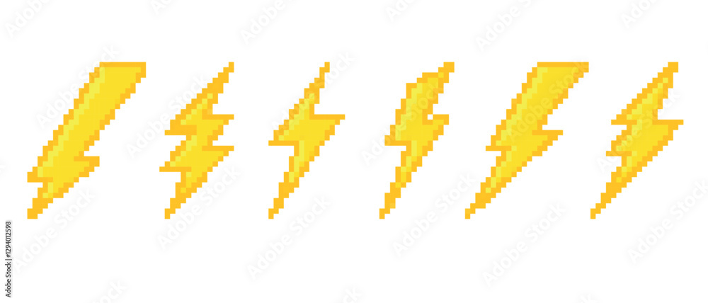 Set of pixel art lightning bolt. Retro game effect. 8 bit thunderbolt ...