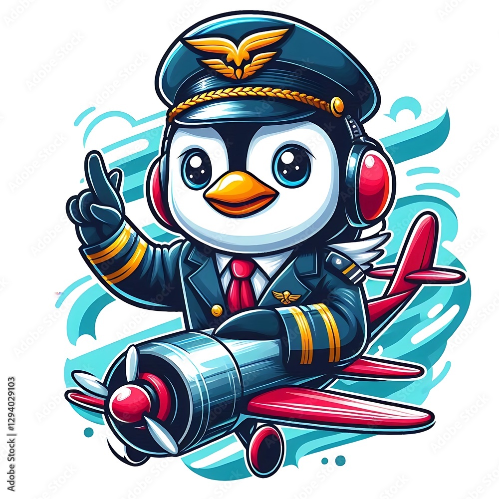 Cute penguin pilot in a vintage airplane. Cartoon character of a ...