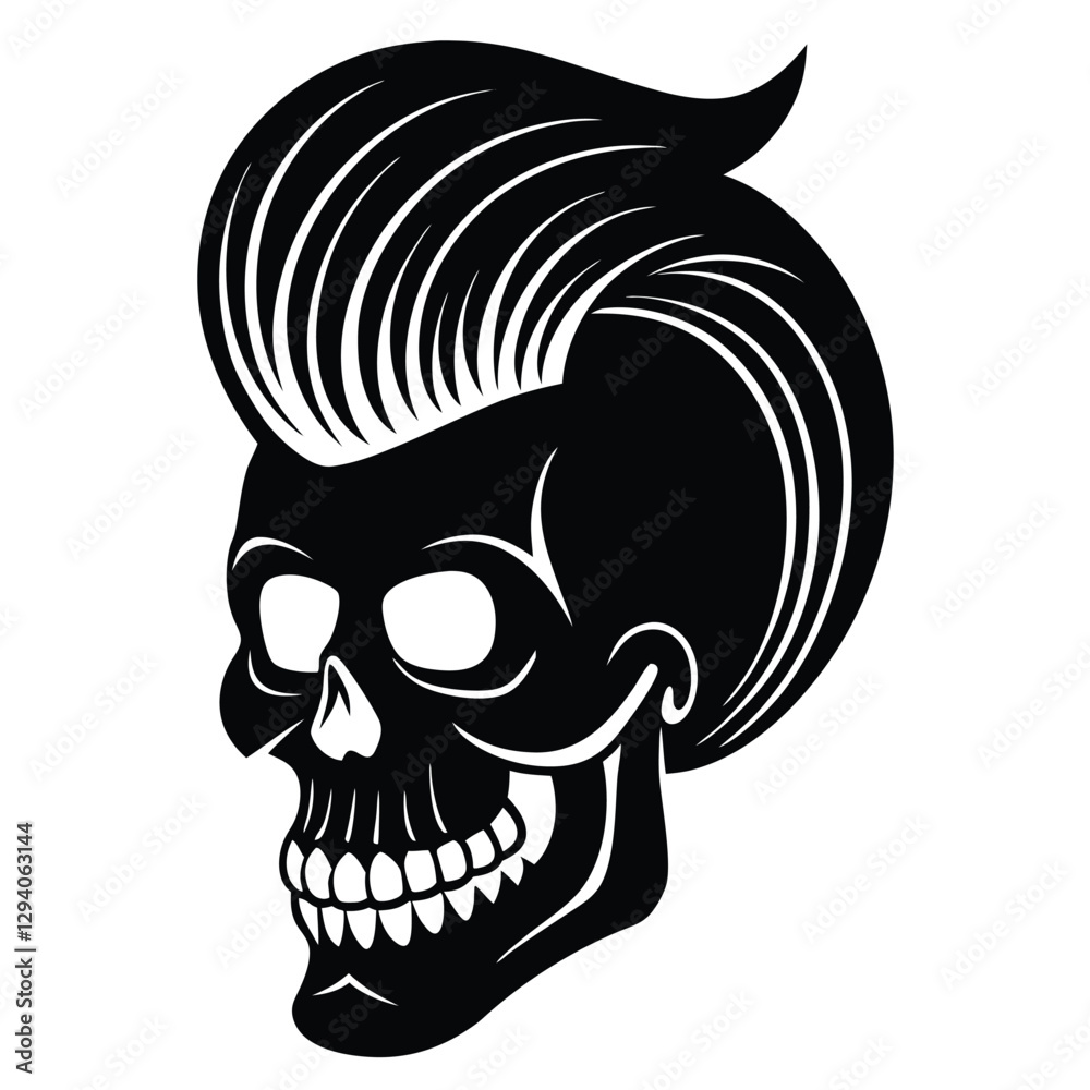 Rockabilly skull, stylized vector illustration, black and white graphic ...