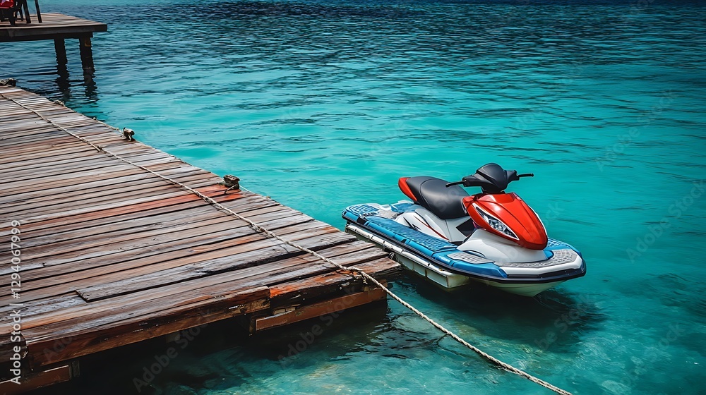 Jet ski tied by a rope to a modular floating plastic pontoon berth at ...