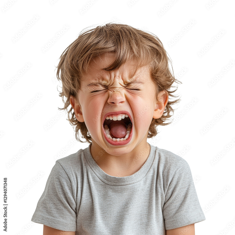 Child expressing intense emotion with open mouth and scrunched face ...