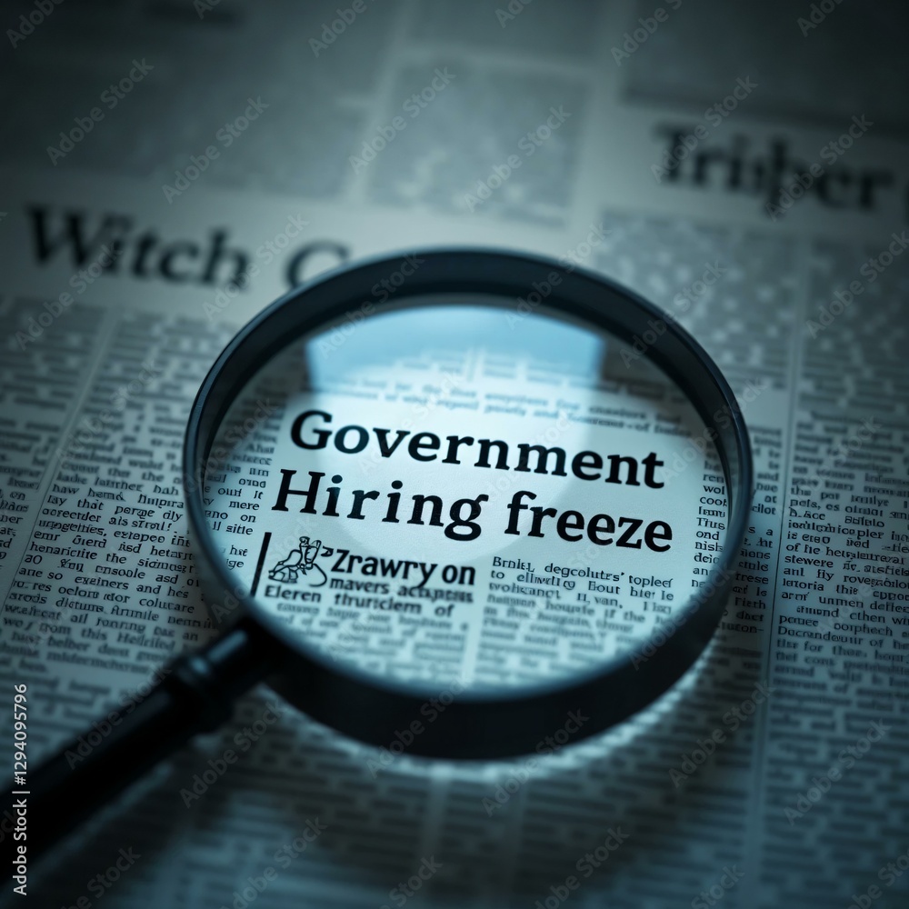Magnifying Glass Highlights a Bold 'Government Hiring Freeze' Headline ...
