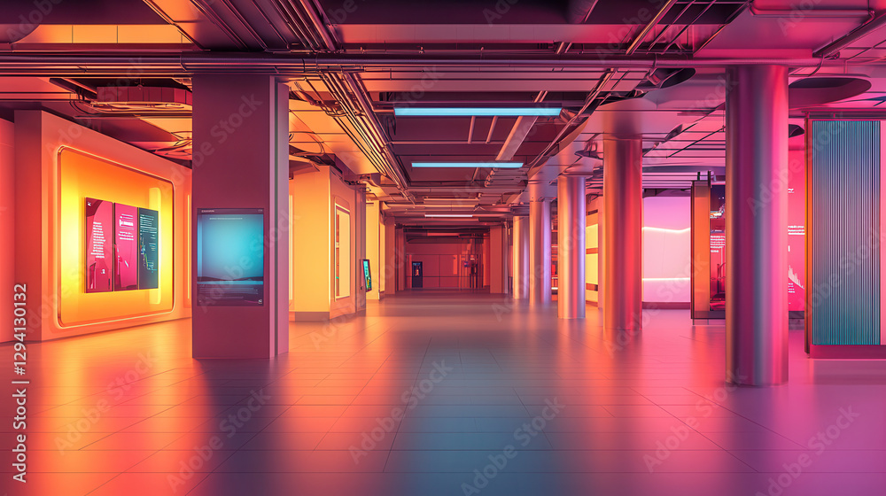 High tech innovation hub with interactive digital displays and vibrant ...