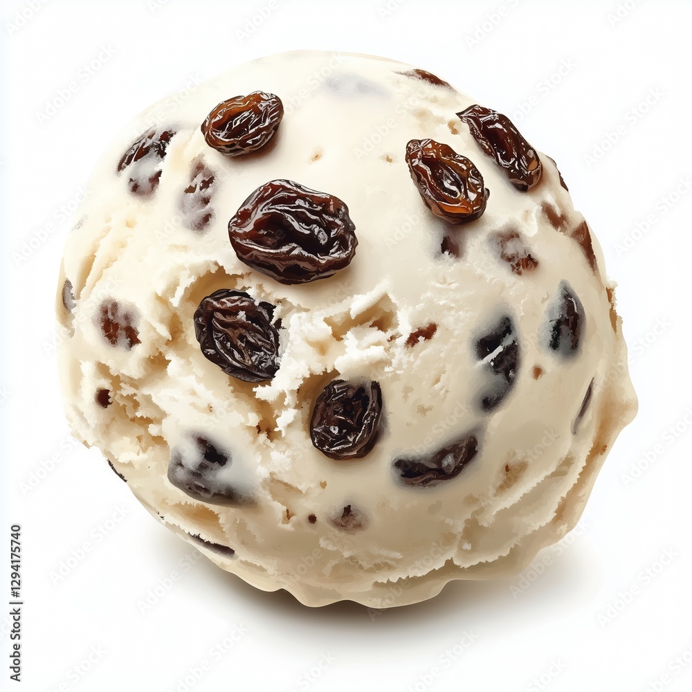 Realistic illustration of a scoop of rum raisin ice cream with plump ...