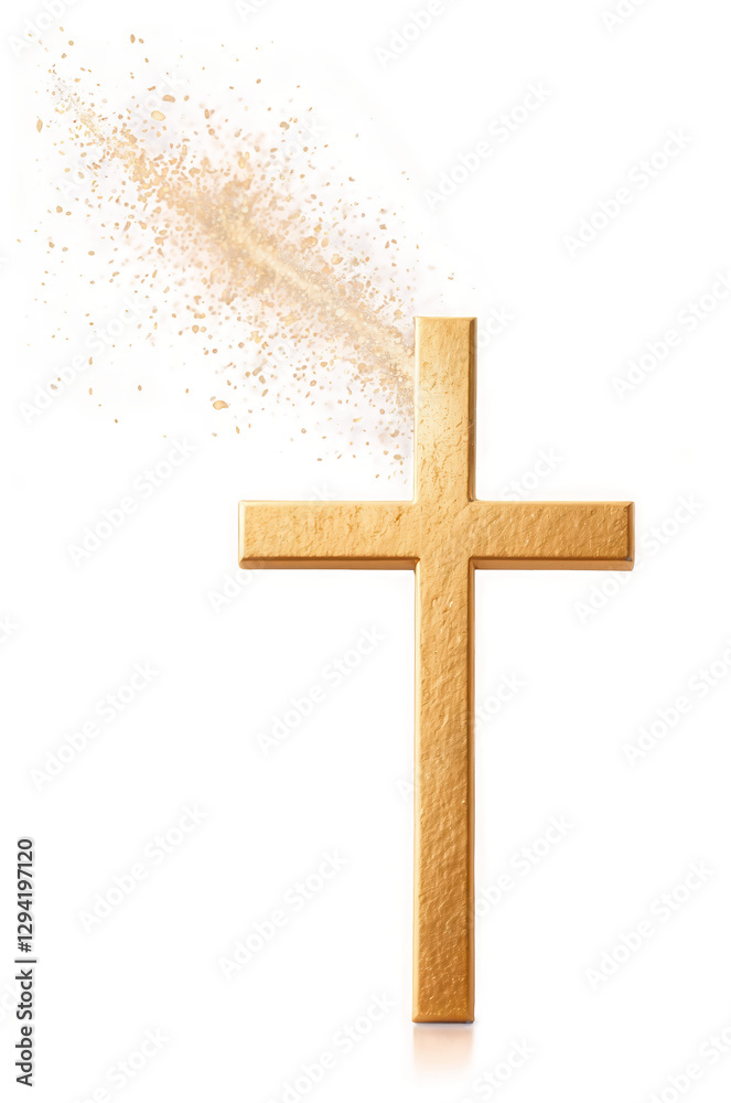 Gold cross symbol turns into dust isolated cutout on transparent ...