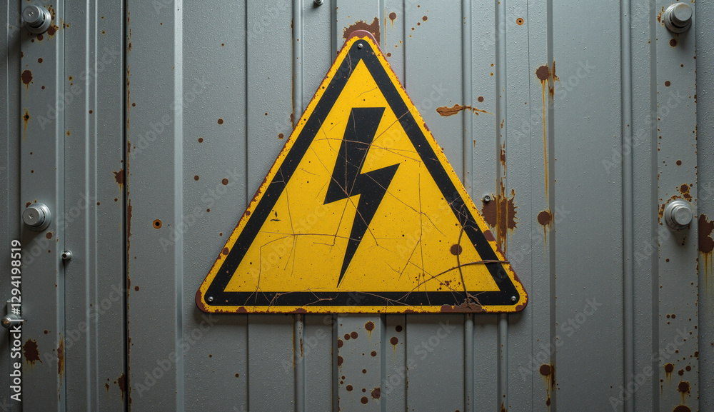 High voltage warning sign on scratched industrial metal background ...