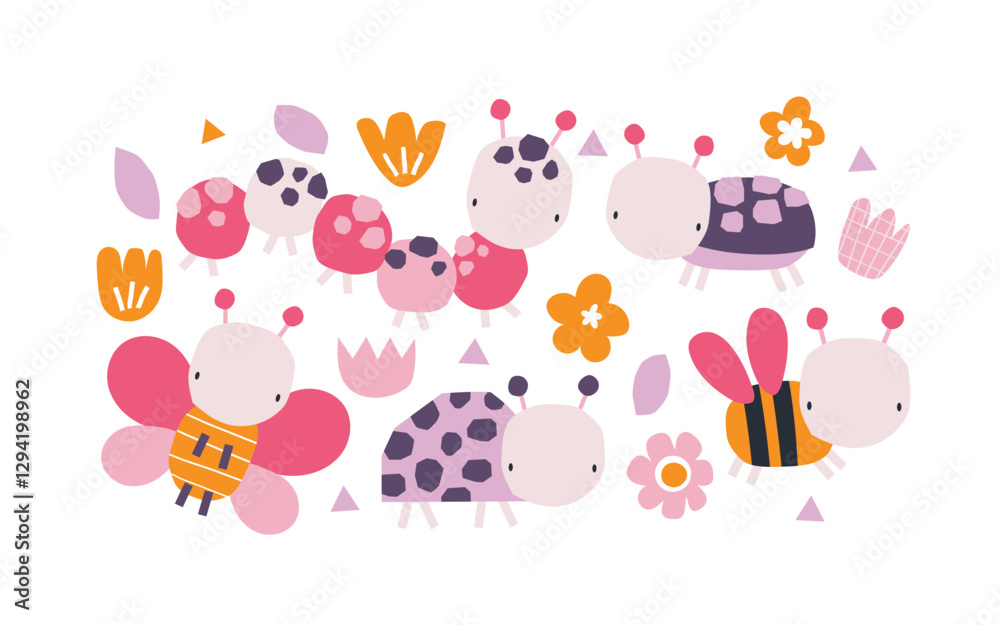 Vector illustration of cute insects: caterpillar, beetle, butterfly ...