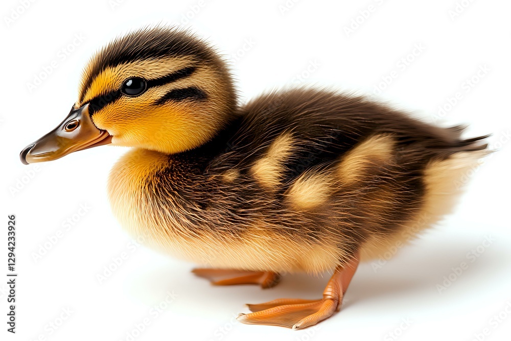 Baby mallard duckling with brown and yellow striped feathers standing ...