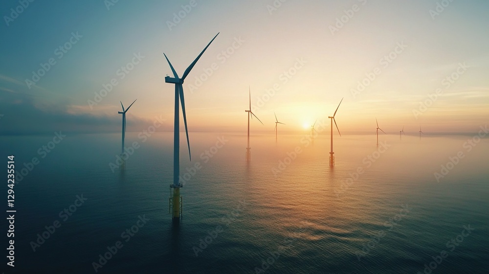 Aerial view of offshore wind farm at sunrise, turbines emerging from ...