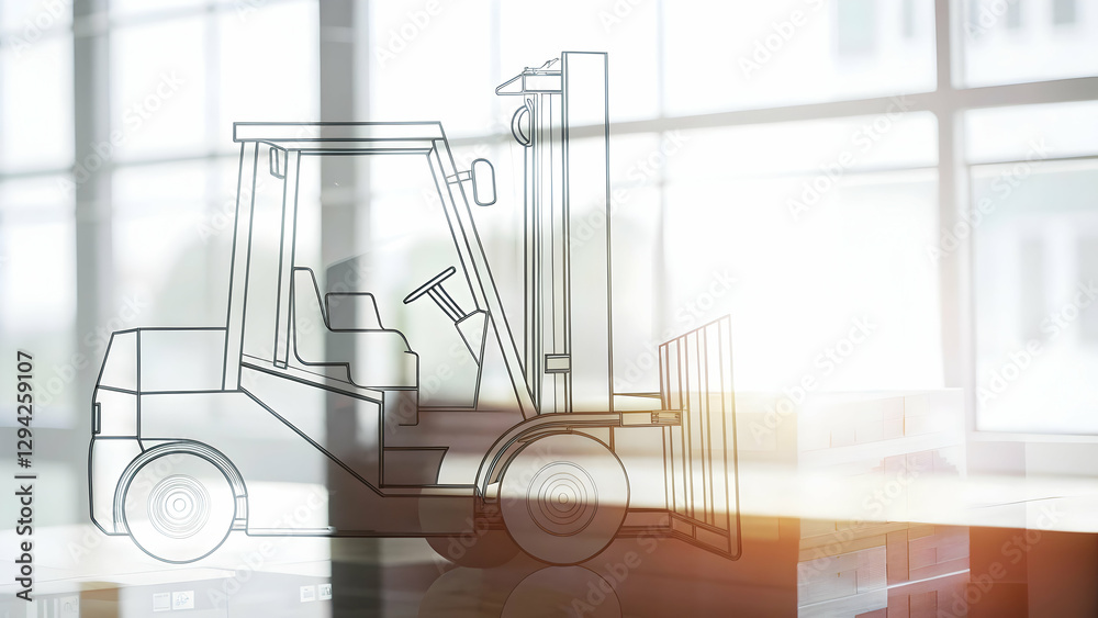 3d Flat icon as Forklift and a structural blueprint symbolizing warehouse structure design in ...