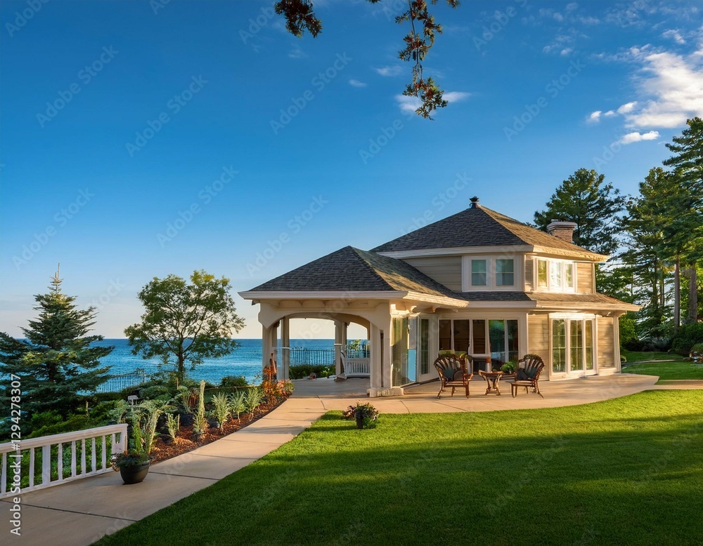 high resolution image of a grand home on lake michigan featuring a ...