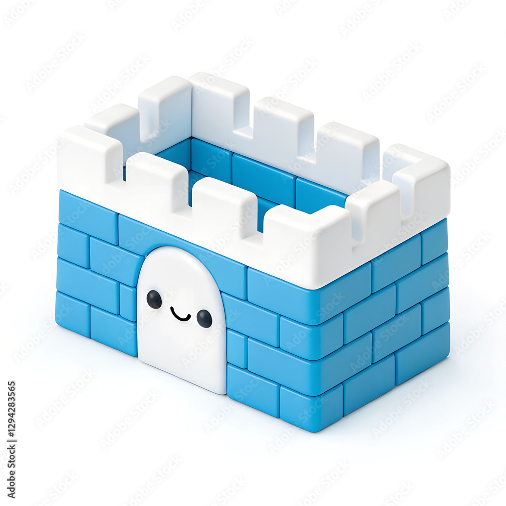 3D Cartoon castle block: Blue walls, white turrets, friendly door ...