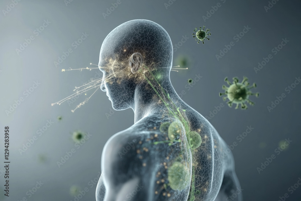glowing human silhouette surrounded by animated immune system elements ...