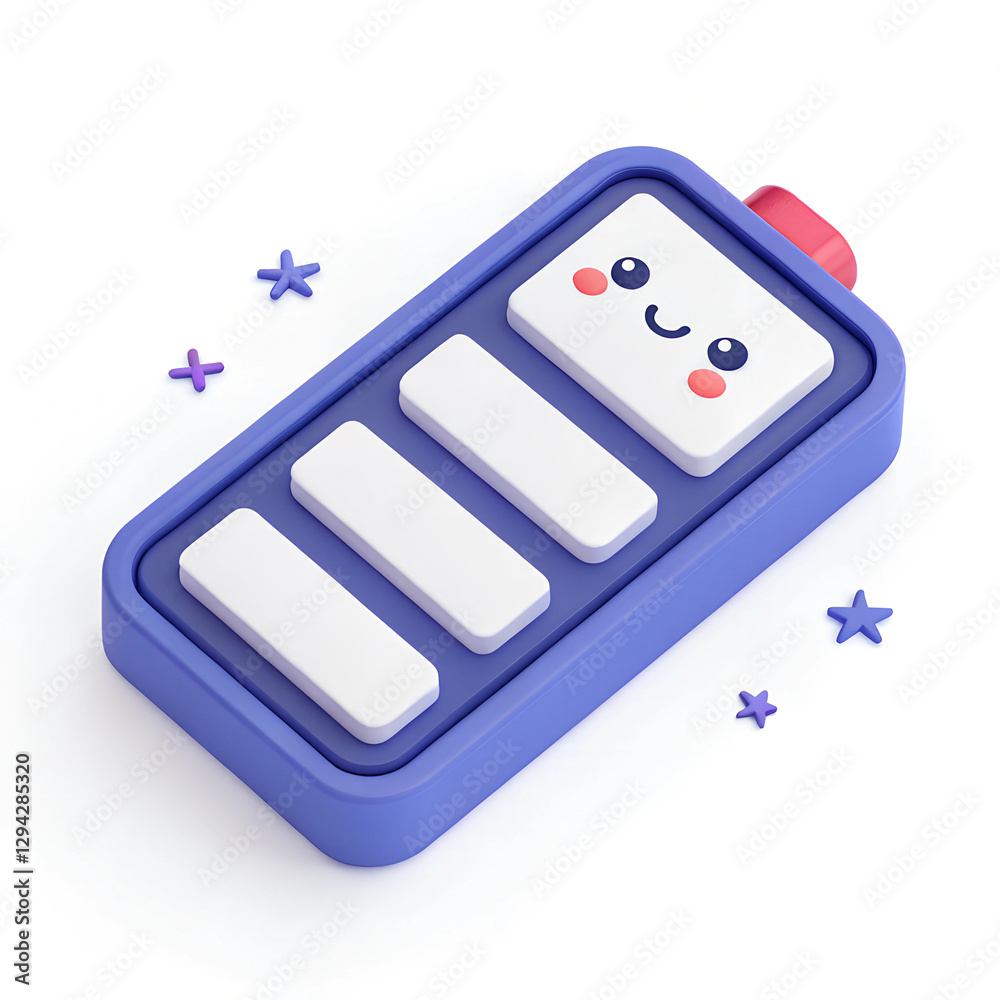 Smiling battery indicator with three bars full, isolated on white with ...