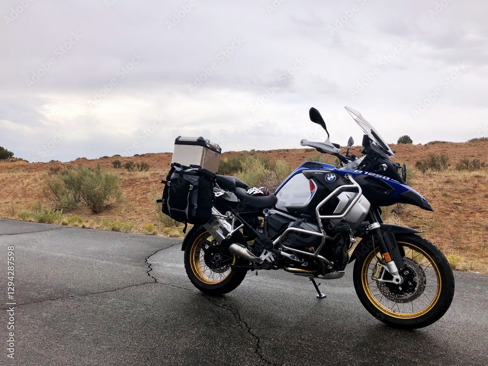 BMW R 1250 motorcycle, parked on the road in Moab, Utah, USA July 2024 ...