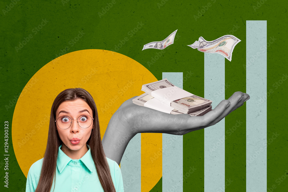 3D collage poster template trend artwork sketch of young lady confused ...