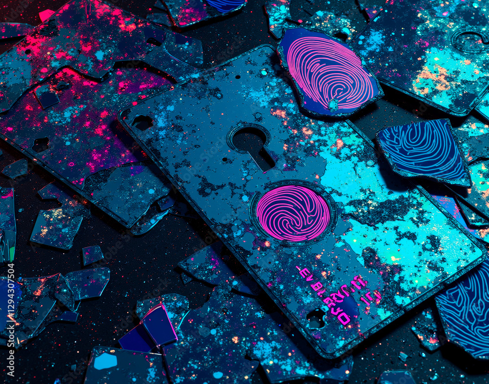 Iridescent shattered identity cards with biometric scan fragments ...