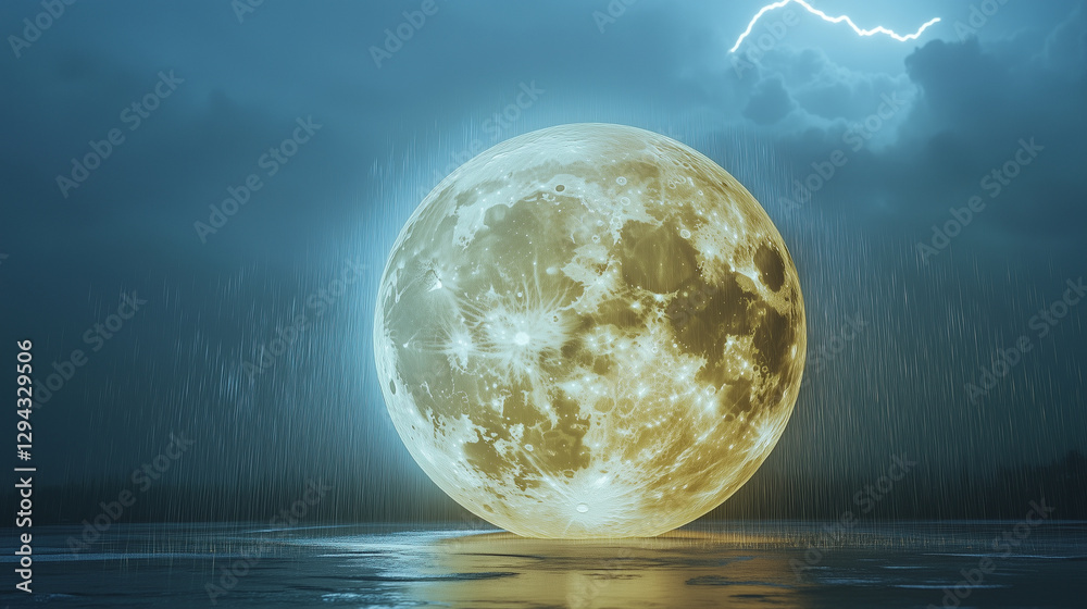 surreal moon with golden rain and lightning in a night sky, perfect for ...
