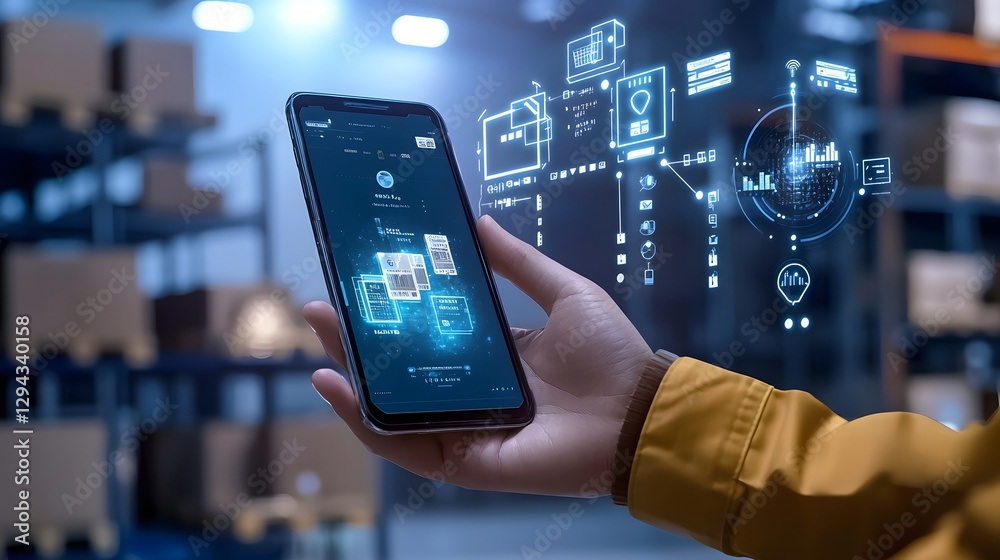 Image of a warehouse worker using a mobile inventory management app to ...