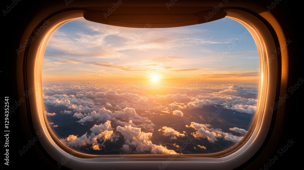 View of the sky and clouds from an airplane window with landscape below ...