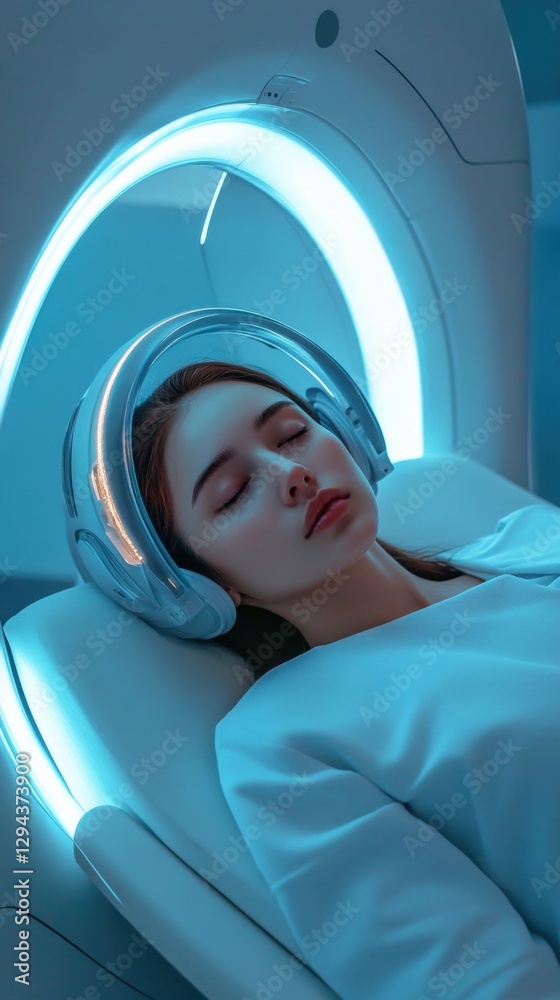 Woman undergoing brain wave examination within a modern MRI scanner ...