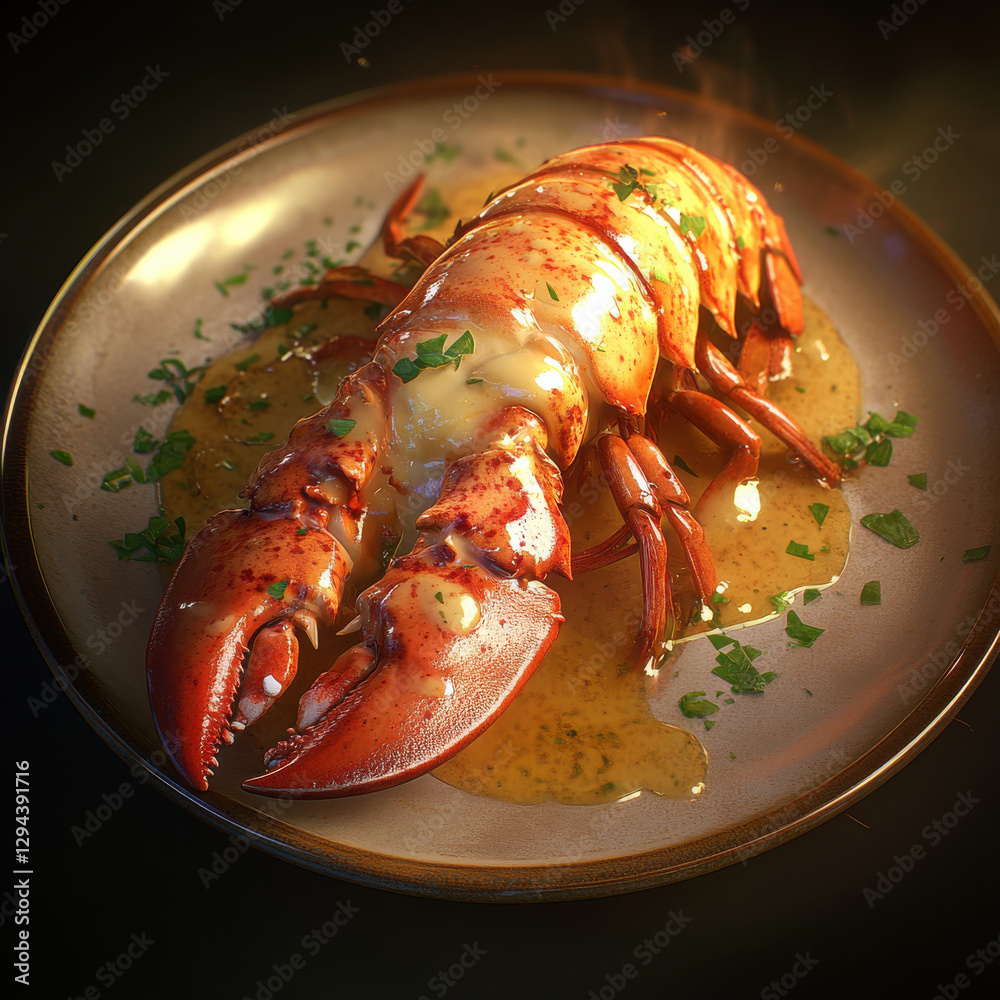 A luxurious lobster tail plated with garlic butter sauce, fresh herbs ...