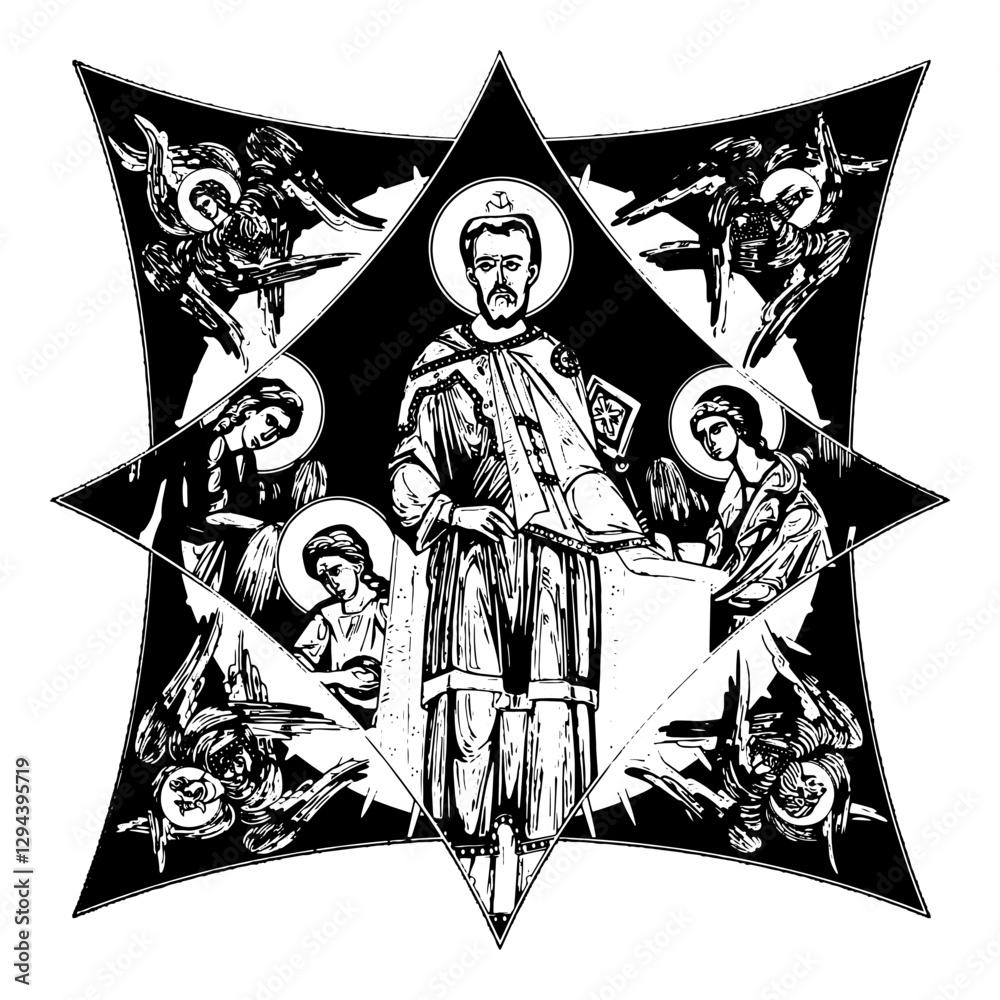 Moses prophet on cross dome with 4 apostles, angels and seraphim. Ink ...