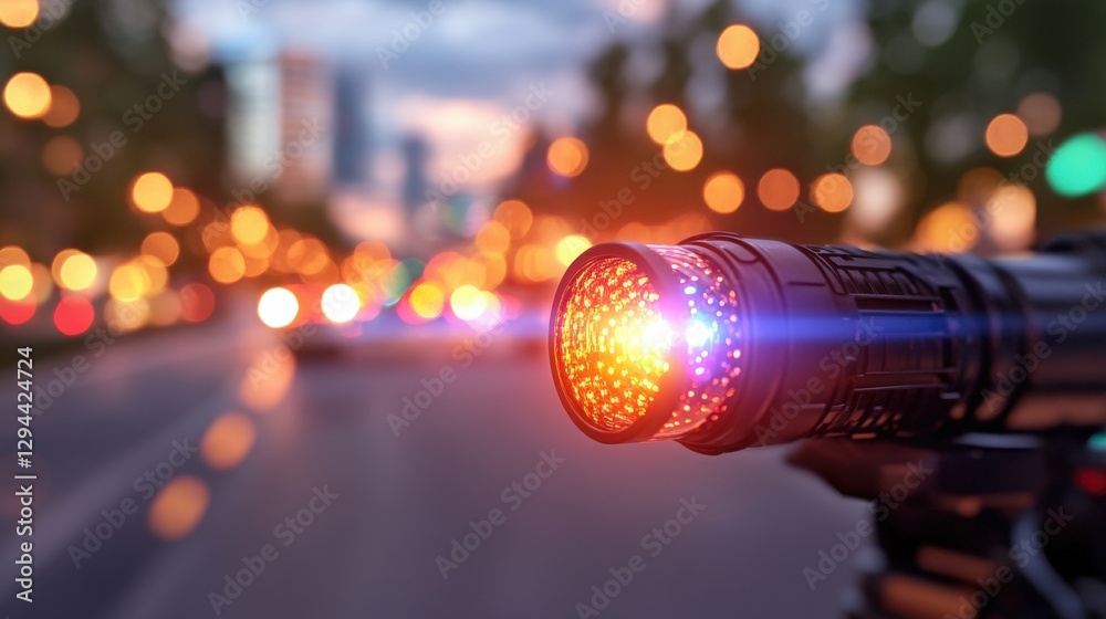 Police light on handle of police car with blurred lights on a dark ...