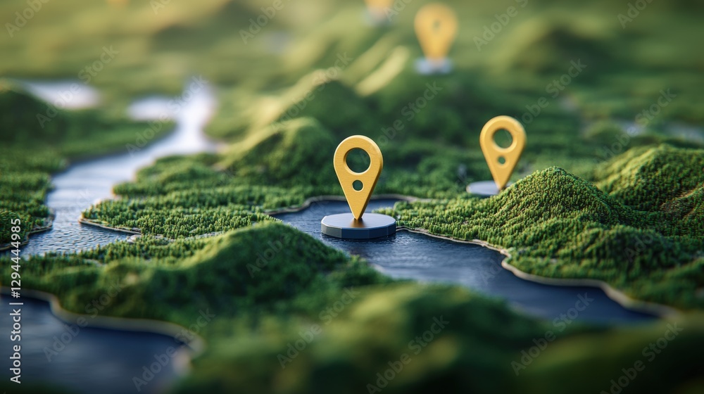 Map with yellow pin indicating location on detailed vintage landscape ...