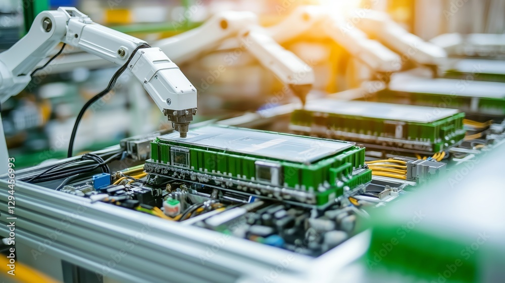 High-tech robotic arms assembling advanced green battery cells in a ...