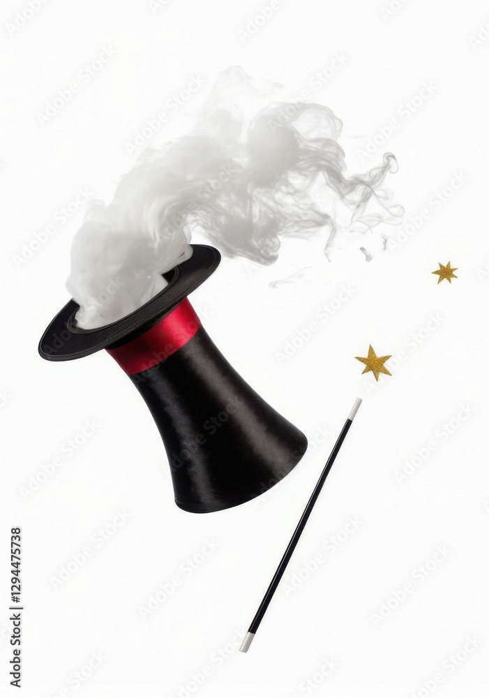 Sombrero chistera, mago, negro con cinta raso roja boca arriba echando ...