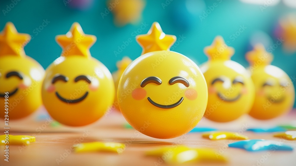 Bright yellow smiley faces with star-shaped tops in a joyful setup ...