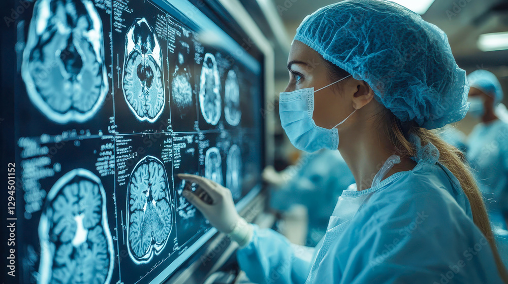 A female neurosurgeon examining brain scans on a high-tech screen in an ...