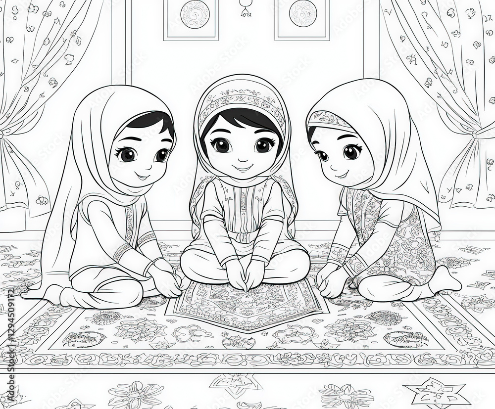 Children making Ramadan-themed crafts, coloring page for kids, simple ...