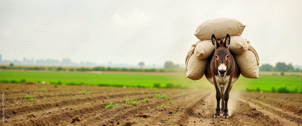 Donkey carrying bags of grain on farmland, rural labor symbolism Stock ...