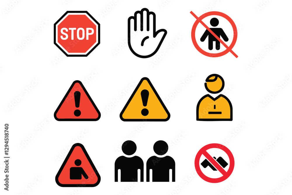 Stop sign, hand gesture, and warning icons for safety and caution Stock ...