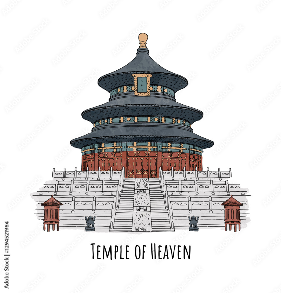 Hand drawn watercolour sketch of Chinese Temple of Heaven. Vector illustration of Tiantan temple ...