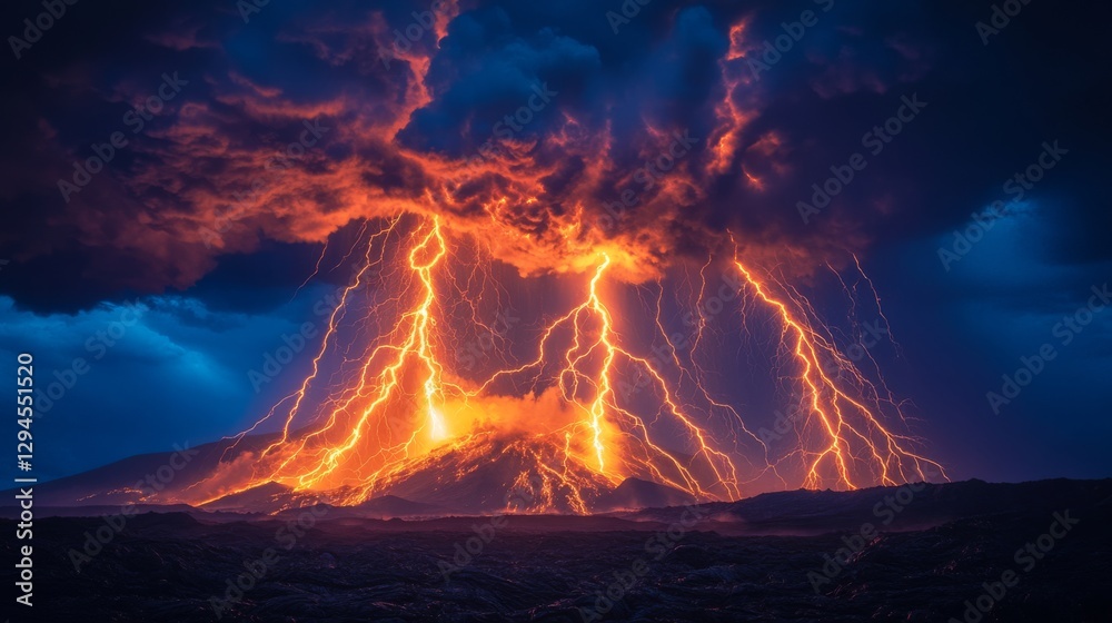 A colossal volcanic explosion, with fiery lightning illuminating the ...