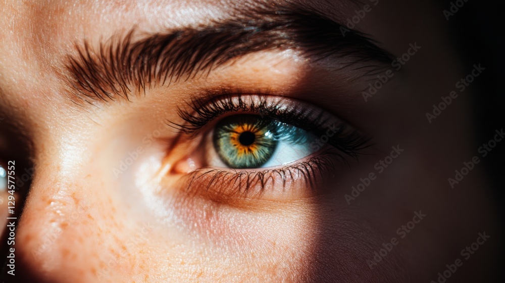 Sunlight casts dramatic shadows over a captivating blue eye, revealing ...
