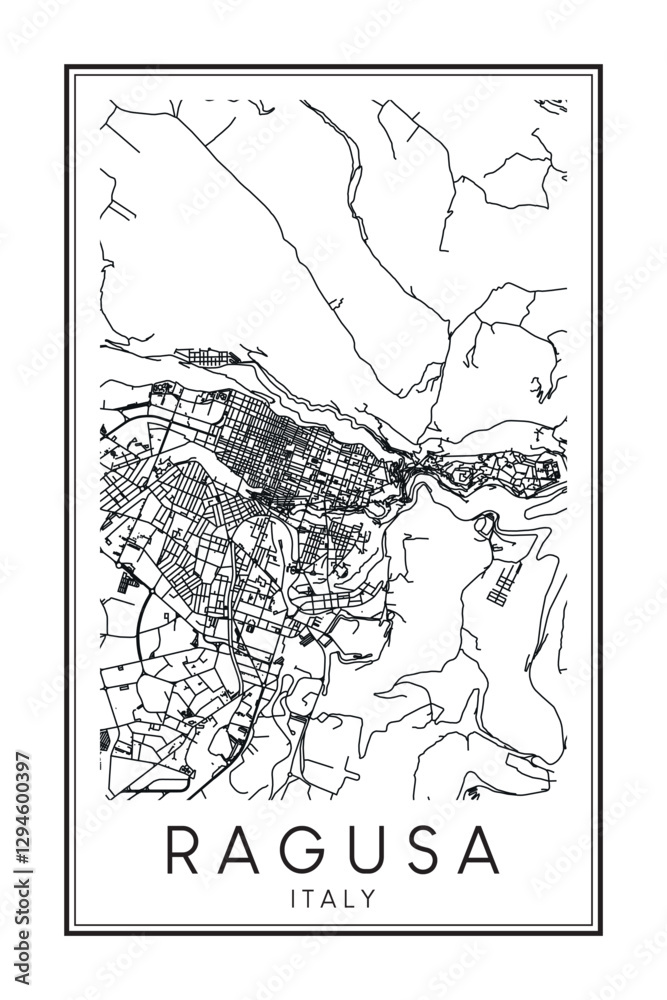 Printable downtown road map poster of the Italian town of RAGUSA on ...